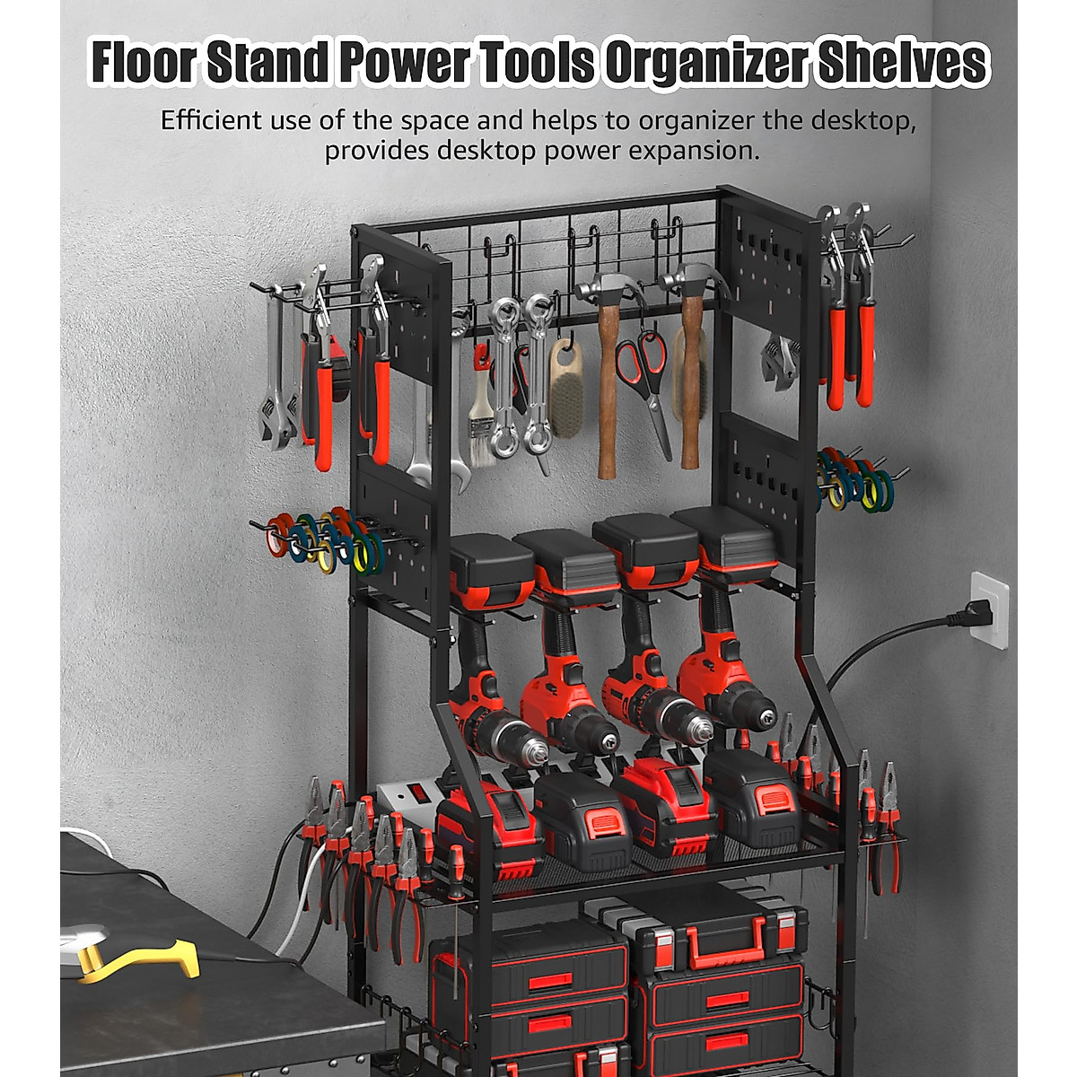 CCCEI Garage Small Power Tools Organizer Floor Stand, Drill and Battery Storage Rack with Charging Station, All Metal Tool Shelf with Pegboard and Hooks, Gift for Men.