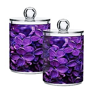 Coikll Spring Lilac Purple Floral 02 Qtip Holder with Lid 4PCS Apothecary Jars Storage Containers, Clear Plastic Canister for Cotton Swab,Floss Picks, Cosmetics