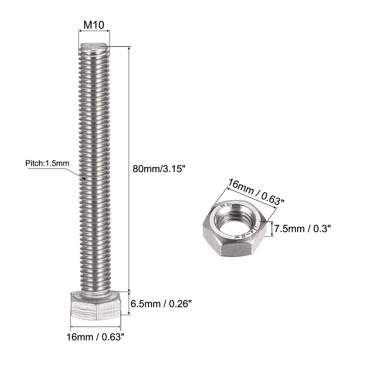 uxcell M10 x 80mm Hex Head Screws Bolts, Nuts, Flat & Lock Washers Kits, 304 Stainless Steel Fully Thread Hexagon Bolts 4 Sets