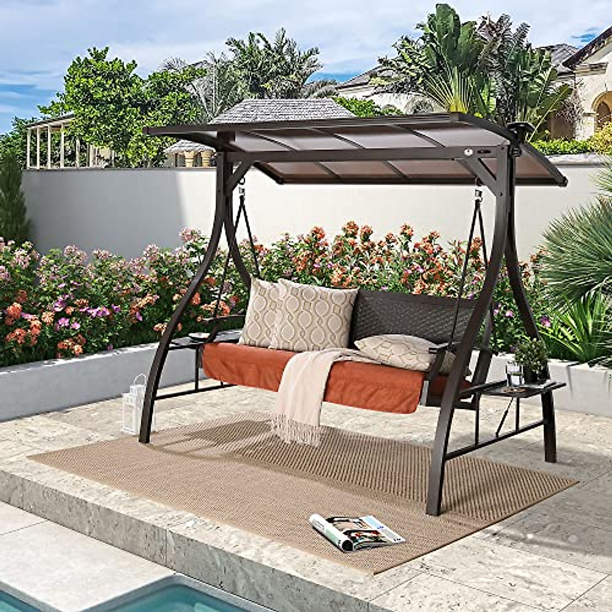 Iwicker 3-Seat Patio Swing Porch Glider Hammock Hang Bench Chair with Adjustable Canopy, Folding Tray, Cushions and Sunbrella Pillows Included for Garden, Poolside, Balcony