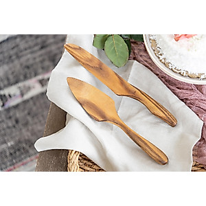 Teak Wood Cake Server and Knife Set - Cake Knife and Server Set - Cake Serving Set - Wooden Cake Server - Heavyweight & Light Toned with No Logo for Photoshoots, Wedding, Birthday, Gifts