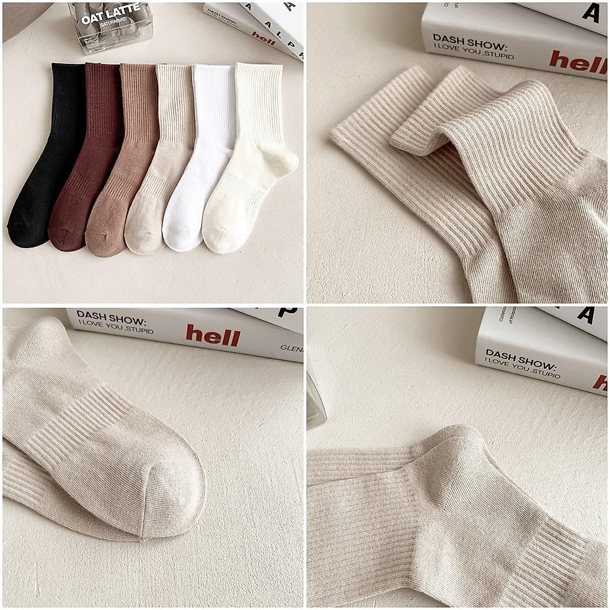 Weston Ink 6 Pairs Men's Solid Crew Socks Casual Socks Japanese Crew Knit Socks (6 Pairs[Black/Red/Brown/Khaki/White/Beige])