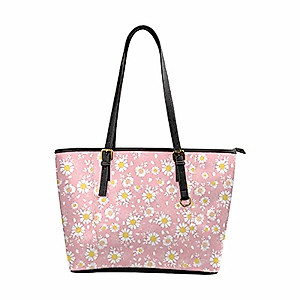 InterestPrint Vintage Pink Daisies Flower Women Handbag Shoulder Bags Tote PU Leather Handbag