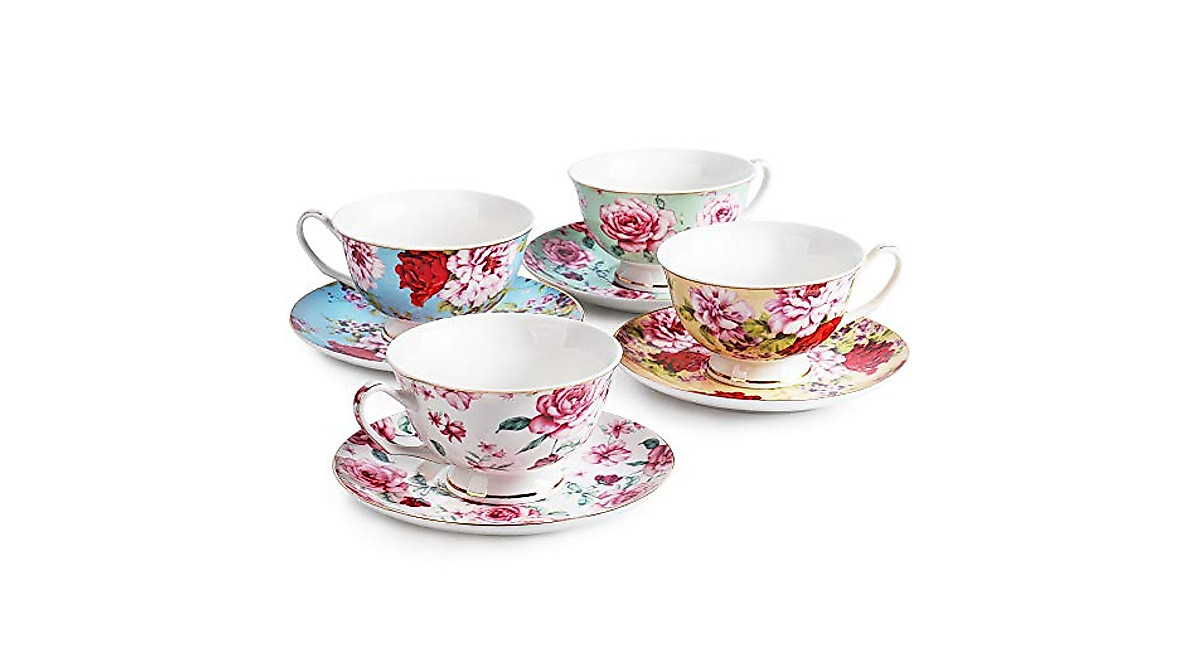 BTäT Floral Tea Cups - Elegant Set of 4 with Gold Trim