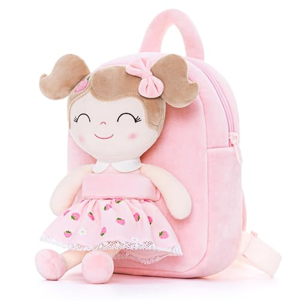 Gloveleya Kids Backpack for Girls backpacks Plush bag with Soft doll for Toddler baby Strawberry 9 Inches