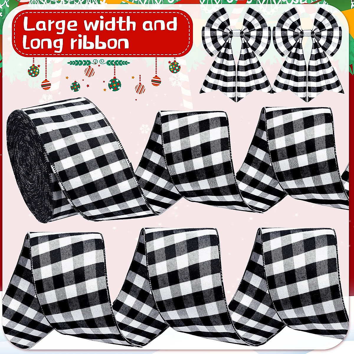 4 Inch x 50 Yards Christmas Plaid Buffalo Ribbon, Check Wired Edge Ribbon Plaid Ribbon Gingham Check Wired Ribbon Buffalo Plaid Ribbon for Christmas Tree Wreath Bows Decor (Black White Plaid)