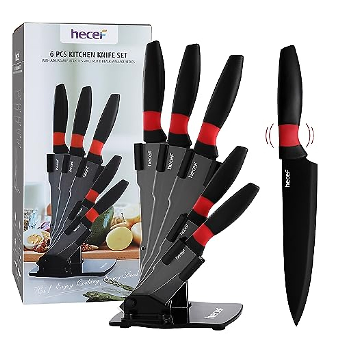 hecef Black Kitchen Knife Set with Adjustable Acrylic Stand, 6 Pcs Ultra Sharp Knives Set with Block, Ergonomic Handle Massage Design, Basic Knife Set for Chef Cutting Cooking