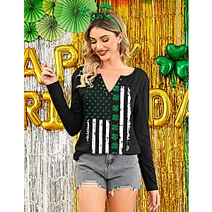 For G and PL St Patricks Day Graphic V-Neck Women's Outfits Casual Four Leaf Pullover Ireland Shirt Shamrock Flag M