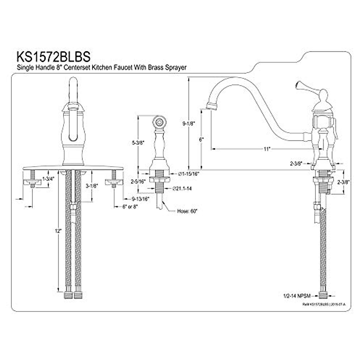 Kingston Brass KS1572BLBS Heritage Kitchen Faucet, 11" in Spout Reach, Polished Brass