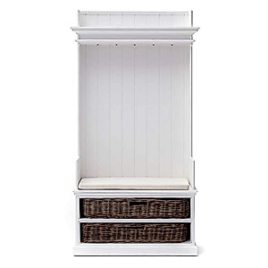 NovaSolo Halifax Pure White Mahogany Wood Entryway Coat Rack With 5 Hooks, Cushion, Top Storage And 2 Rattan Baskets