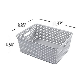Yarebest 4-Pack Grey Woven Basket Bin, Plastic Storage Organizer Basket