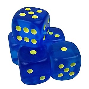 Azty Solutions Set of 5 Blue Transparent Dice Glow in The Dark Spots Round Corner 16mm in Snow Organza Bag