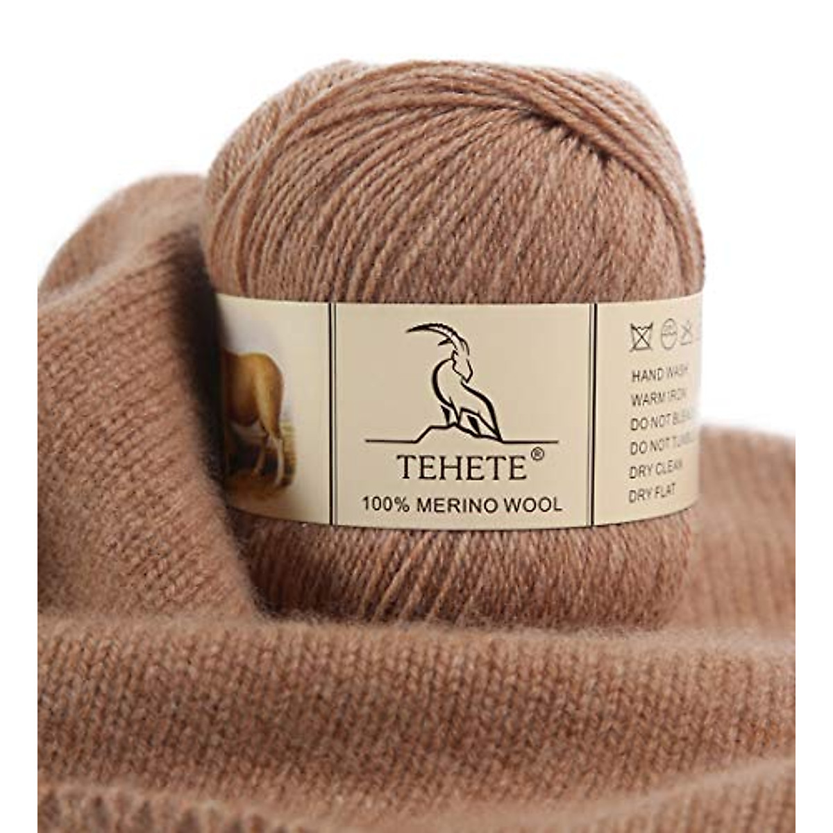 TEHETE 100% Merino Wool Yarn for Knitting 3-Ply Luxury Warm Soft Lightweight Crochet Yarn (Khaki)