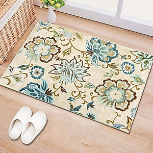 Beeiva Floral Washable Entryway Rug, Vintage 2x3 Rug Ultra Thin Beige Rugs for Entryway Non Slip, No Shedding Throw Rugs Printed Small Rug for Entrance Kitchen