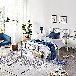 Topeakmart Wrought Iron Twin Bed Frame,Metal Silver Platform with Headboard and Footboard,Mattress Foundation,No Box Spring Needed,Strong Slat Support