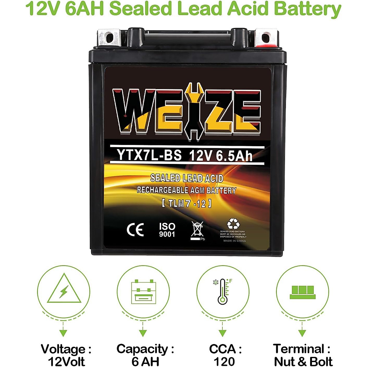 Weize YTX7L BS 100CCA ATV Battery High Performance - Maintenance Free - Sealed AGM YTX7L-BS Motorcycle Battery compatible with Honda Kawasaki Suzuki