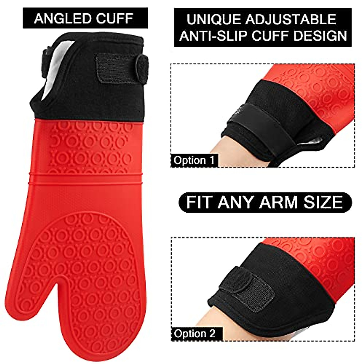 Silicone Oven Mitts with Adjustable Cuff, RoomyRoc Oven Mitt with Non-Slip Grip and Thicker Liner, Heat Resistant Pot Holders, Extra Long Professional Soft Flexible Oven Gloves, Red, 1 Pair, 14.7 Inch