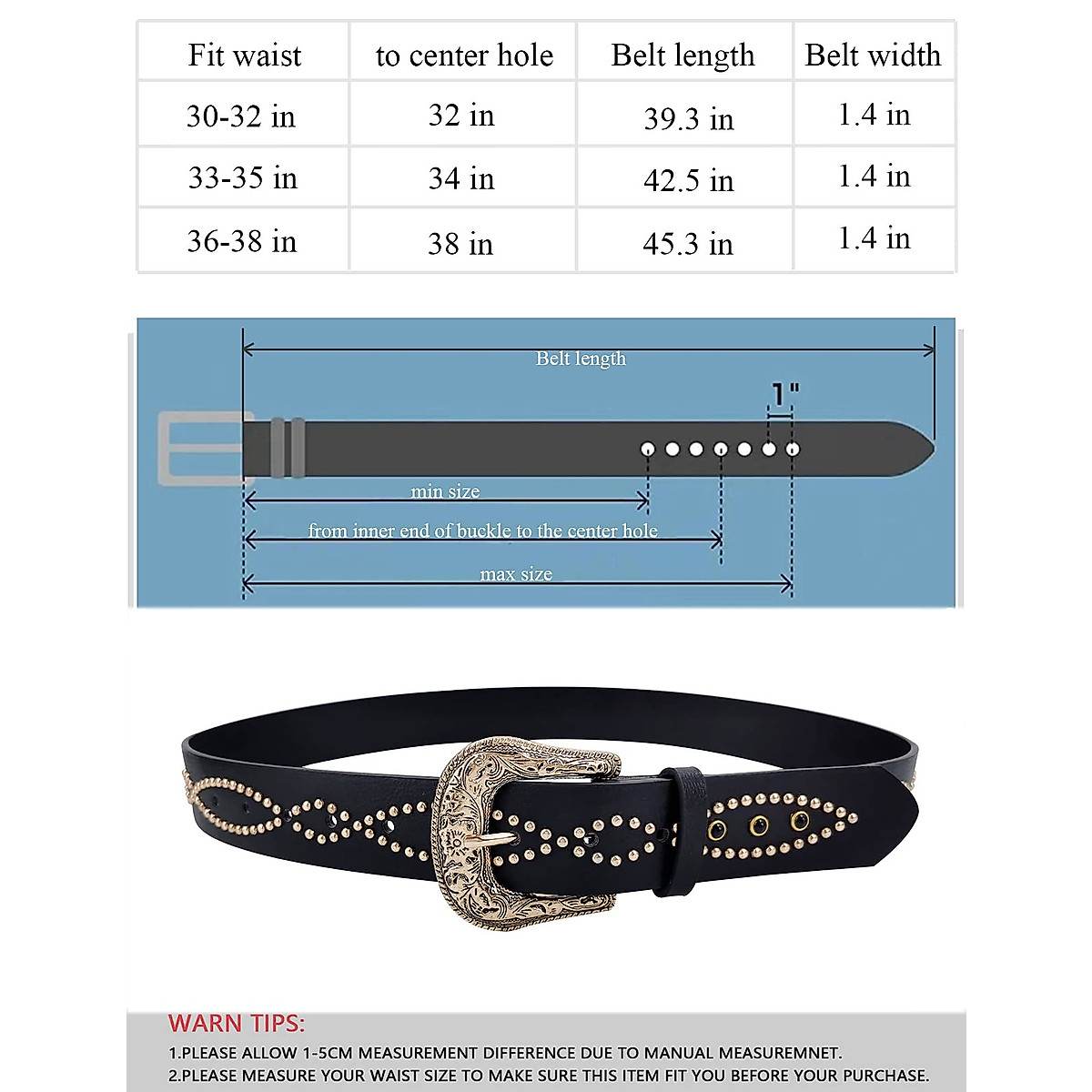 TOPACC Western Belts for Women Cowgirl Cowboy Rivet Studded Country Fashion Punk Belt for Jeans Black