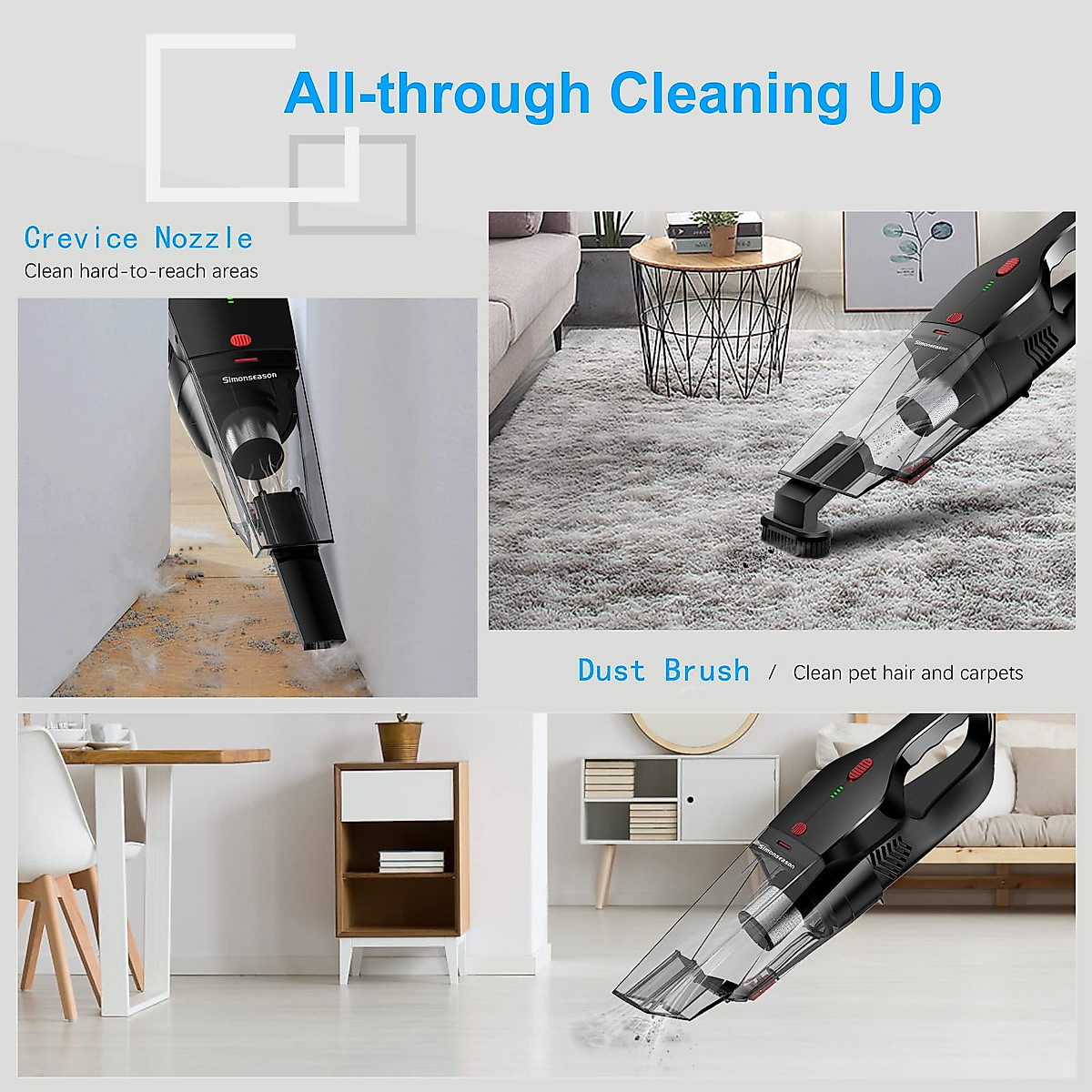 Simonseason Handheld Vacuum Cordless Rechargeable, Portable Hand Vacuum Cleaner with 8000Pa Strong Suction, Mini Hand Held Vacuum Cordless with Long Battery Life for Car, Pet Hair, Couch, Stairs