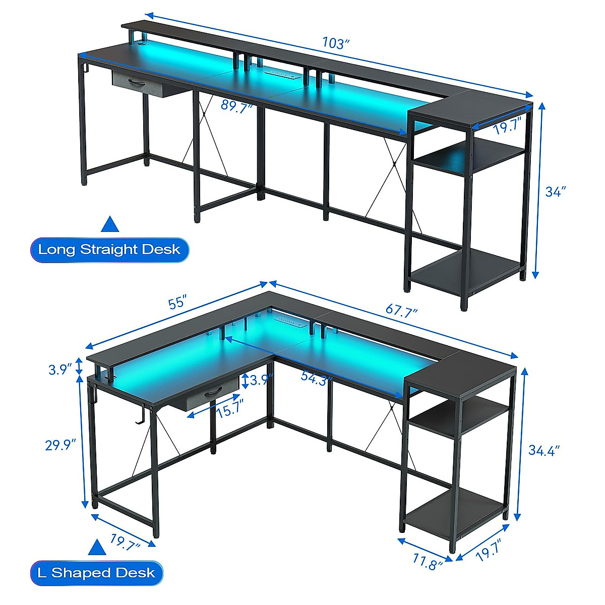 Jojoka 68" L Shaped Gaming Desk, Computer Desk with Power Outlets & LED Lights, Home Office Desk with File Drawer, Corner Desk with Monitor Shelf and Hook, Two Person Desk (Black)