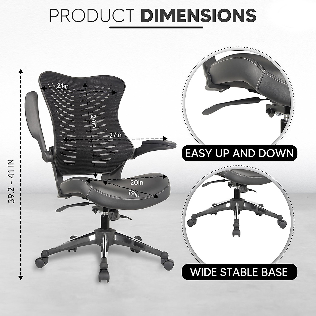OFFICE FACTOR Executive Ergonomic Office Chair Back Mesh Bonded Leather Seat Flip-up Arms Molded Seat with a 55kg Foam Density Double Handle Mechanism You Can Lock The Back in Any Position (Black)