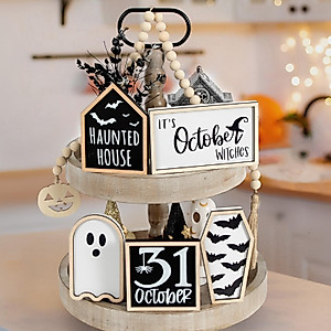 DAZONGE Halloween Decorations | 6PCS Halloween Tiered Tray Decor | Bat Coffin, Haunted House, Ghost, Witches, October 31 Sign, Bead Garland | Halloween Decor | Halloween Centerpiece for Table Shelf