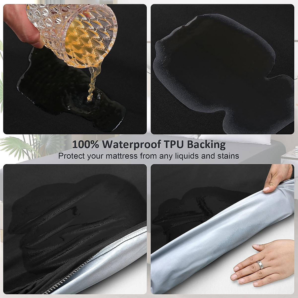 Waterproof Mattress Protector Queen, Fitted Sheet Style Breathable Mattress Cover with Deep Pocket Fits Up to 18'', Machine Washable Noiseless Bed Cover for Kids Adults Pets (Black, 60'' X 80'')