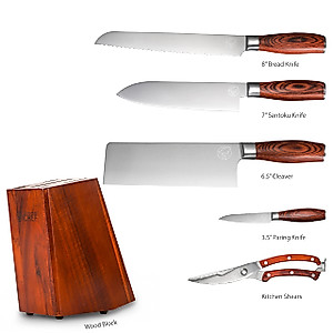 COMMERCIAL CHEF 6 Piece Kitchen Knife Set, Knife Set with Block, Kitchen Knives Including Cleaver, Santoku Knife, Bread Knife, Paring Knife & Heavy-Duty Poultry Shears