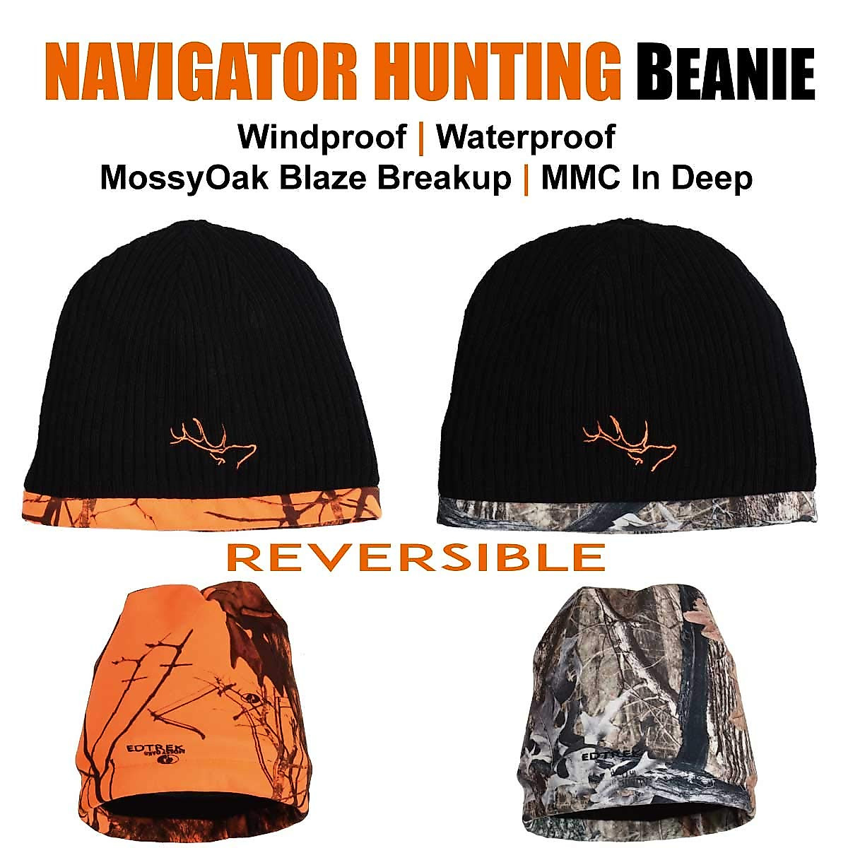 EDTREK Waterproof and Windproof Camo Beanie Hunting Hat - Timber and Blaze Orange Camo Hunter Hat (Medium, Blaze Orange Camo)