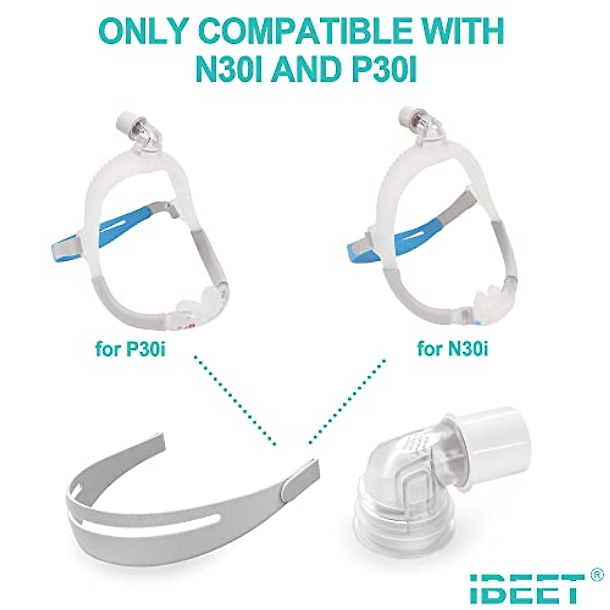Replacement Strap and Elbow for N30i and for P30i - Stay in Place & Stop Leaks, High-Elasticity Strap and Quick-Release Rotatable Elbow/Swivel Supplied by IBEET