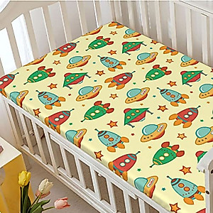 Spaceship Themed Fitted Crib Sheet,Standard Crib Mattress Fitted Sheet Soft and Breathable Bed Sheets-Baby Crib Sheets for Girl or Boy,28“ x52“,Multicolor