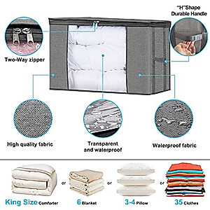 Foldable Large Clothes Comforter Soft Storage Bags, Breathable Linen Closet Storage and Organizers for Blankets, with Sturdy Zippers Clear Window, Set of 2 Grey with Printing