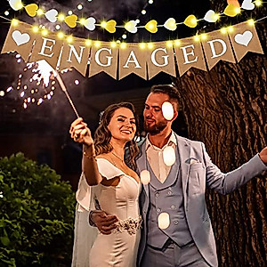 Engaged Banner Heart Garland and LED String Lights Set Rustic Burlap Bunting Garland White Gold Hanging Love Heart Streamer Banner for Wedding Engagement Party Bridal Baby Shower Birthday Decorations