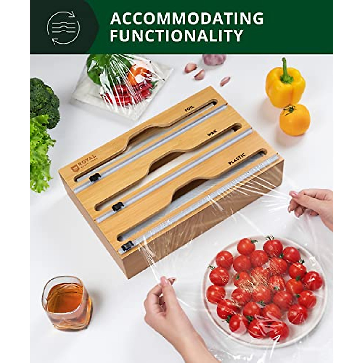 ROYAL CRAFT WOOD Bamboo Kitchen Drawer Organizer with 3 Slots for Food Storage Containers, Kitchen Foil, and Plastic Wrap – Includes Cutter