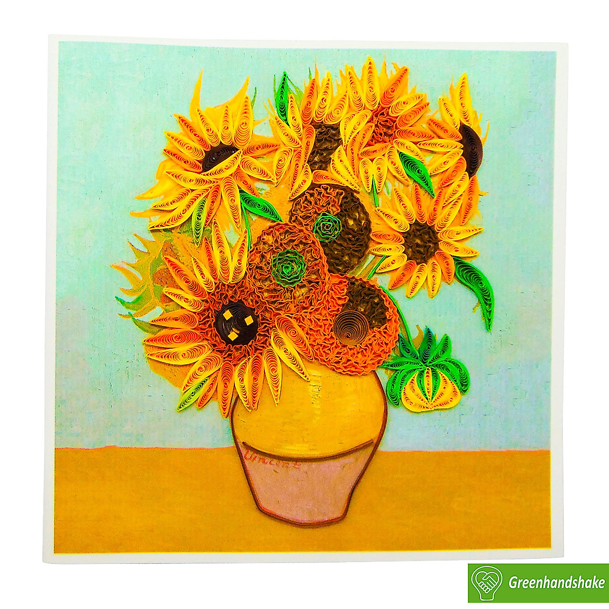 GREENHANDSHAKE Van Gogh's Vase with Sunflowers (1888) Quilling Art Greeting Card,Design Greeting Card for Birthday, Valentine's Day, Get Well, All Occasion. Framable Artwork for Art Lovers