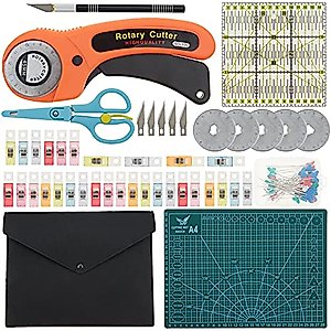 welltop Rotary Cutter Set, 96 PCS Quilting Kit 45mm Fabric Cutters Kit with 5 Extra Blades A4 Cutting Mat Acrylic Ruler Carving Knife Craft Clips Bags Full Tools for Crafting Sewing Patchworking