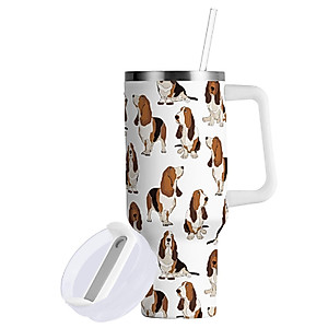 ZZXXB Basset Hound Dog Insulated Stainless Steel Water Bottle with Handle and Straw Lid Double Walled Travel Mug 40 oz