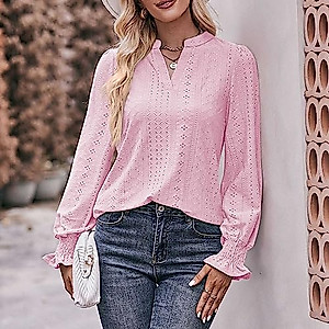 JDHUFEI Long Sleeve Shirts for Women Fashion Puff Long Sleeve Blouse V-Neck Button Up Tops Solid Color Lace Tunic Tops