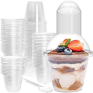 Coloch 100 Pack 9 Oz Clear Plastic Dessert Cup with Dome Lid and Spoon, Disposable PET Crystal Parfait Cup Take-out Liquid Container for Fruit, Dessert, Cupcake, Cold Drinks, Ice Cream, Snack