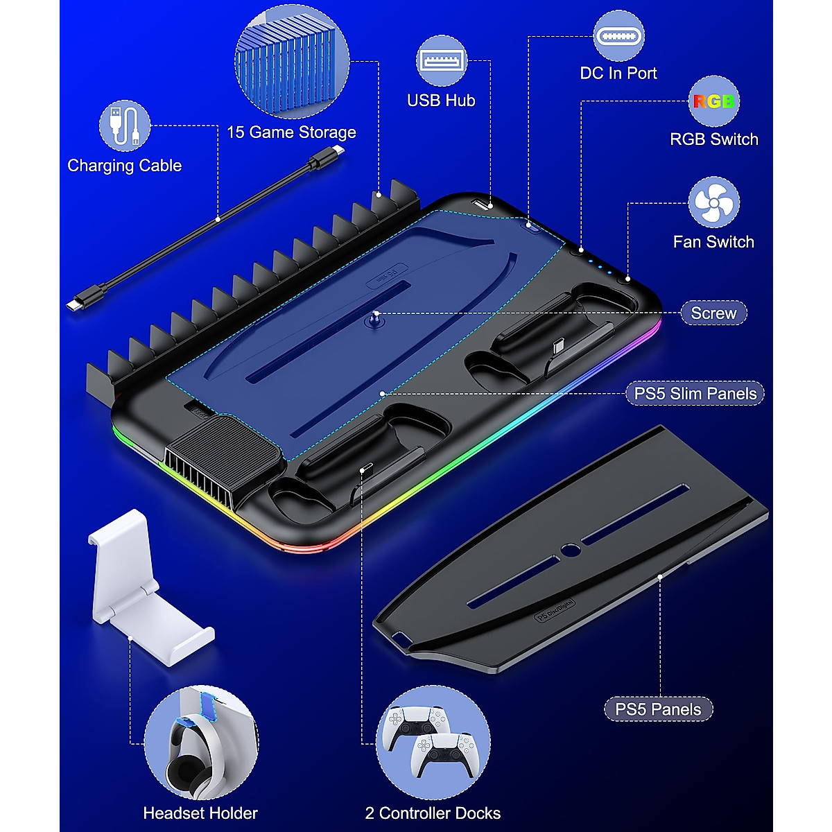 PS5/PS5 Slim Stand and Cooling Station with Controller Charging Station for Playsation 5, PS5 Accessories Kit Incl. 3 Levels Cooling Fan, LED, 15 Game Slot, Headset Holder for PS5 Digital/Disc Console