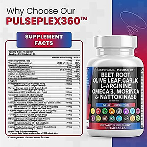 Beet Root Capsules 6000mg Olive Leaf 6000mg Nattokinase 4000 FU Garlic Extract 2000mg L-Arginine 400mg Omega 3 Red Yeast Rice Hibiscus Danshen - Healthy Support Supplement - 90 Ct