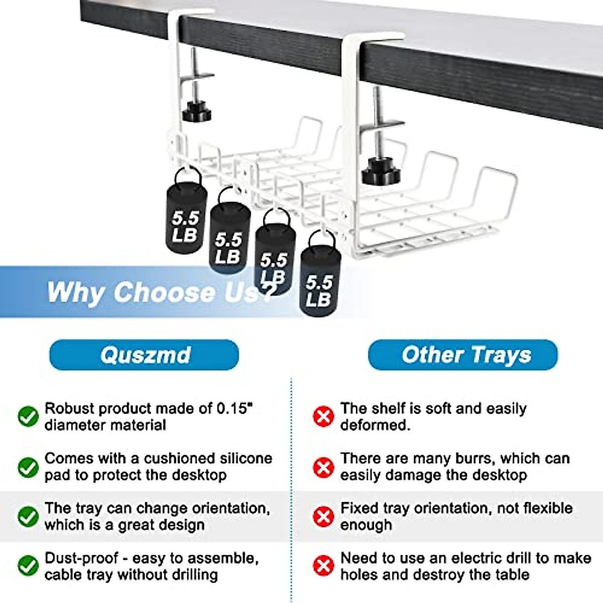 Quszmd Under Desk Cable Management Tray No Drill - Under Desk Cable Organizer for Wire Management. Super Sturdy Desk Cable Rack .Standing Desk Cable Management (16" Black Wire Tray)