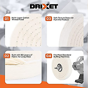 Buffing Wheels for Bench Grinder - 6 Inch Extra Thick Buffing Wheel Fine Cotton Sewn Rigid Treated Spiral with a 1/2” Center Arbor Hole - 80 Ply Polishing Wheel for Bench Grinder – by Drixet