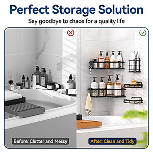 YASONIC 5-Pack Corner Shower Caddy, Corner Shower Shelves with 12 Hooks, Rustproof Shower Shelf for Inside Shower, No Drilling Shower Corner Shelf, Bathroom Shower Organizer Corner, Black