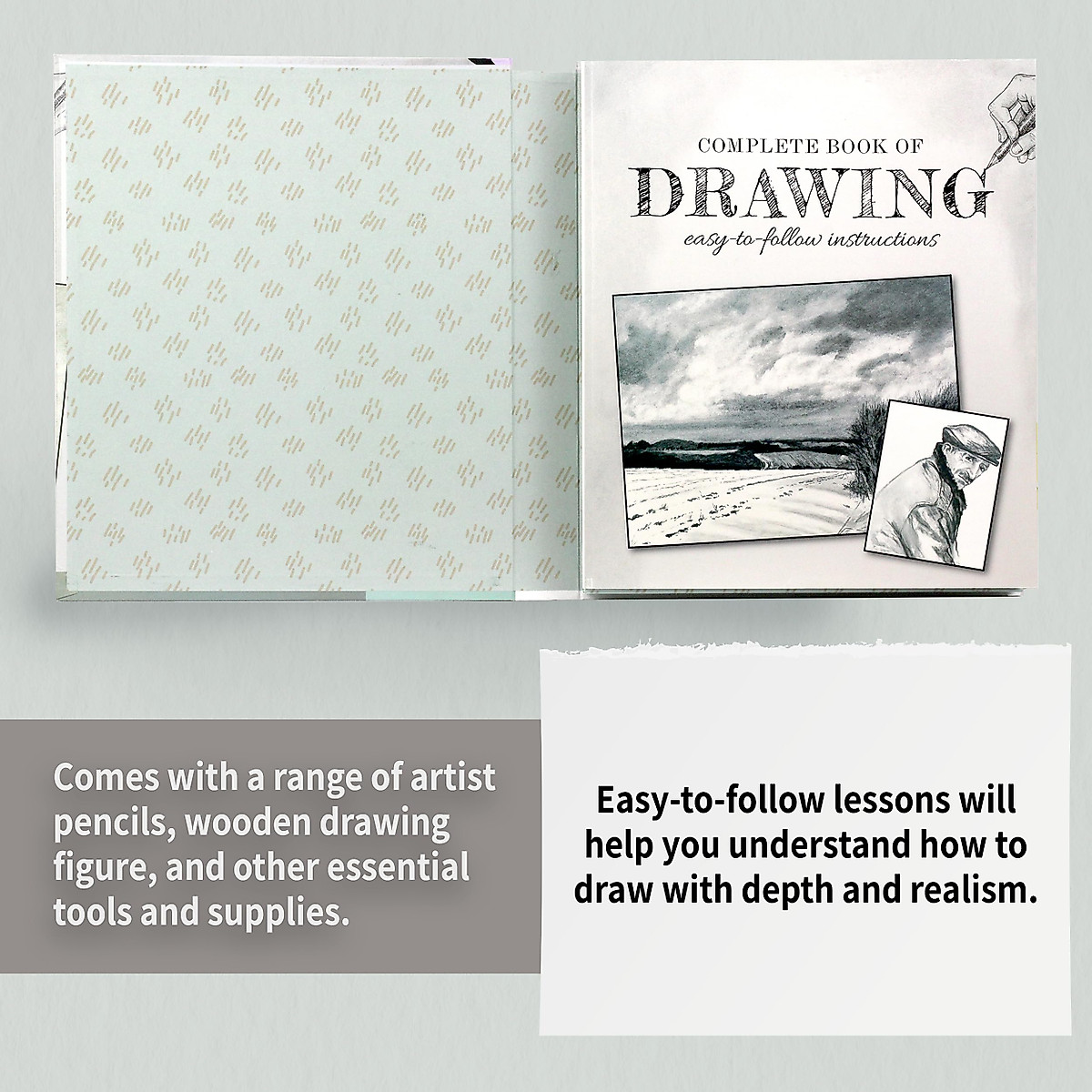 SpiceBox Complete Drawing Set, How to Draw Book with Sketching Supplies and Wooden Drawing Figure, Arts and Crafts Hobby Kits for Adults