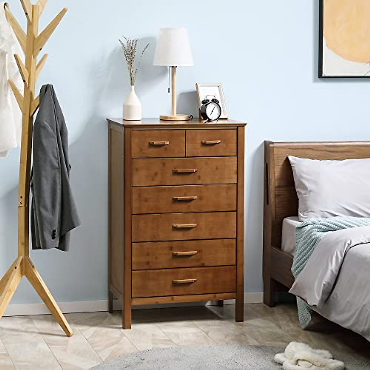 HOMCOM Tall Dresser for Bedroom, 7 Drawer Dresser, Chest of Drawers with Bamboo Frame, Brown