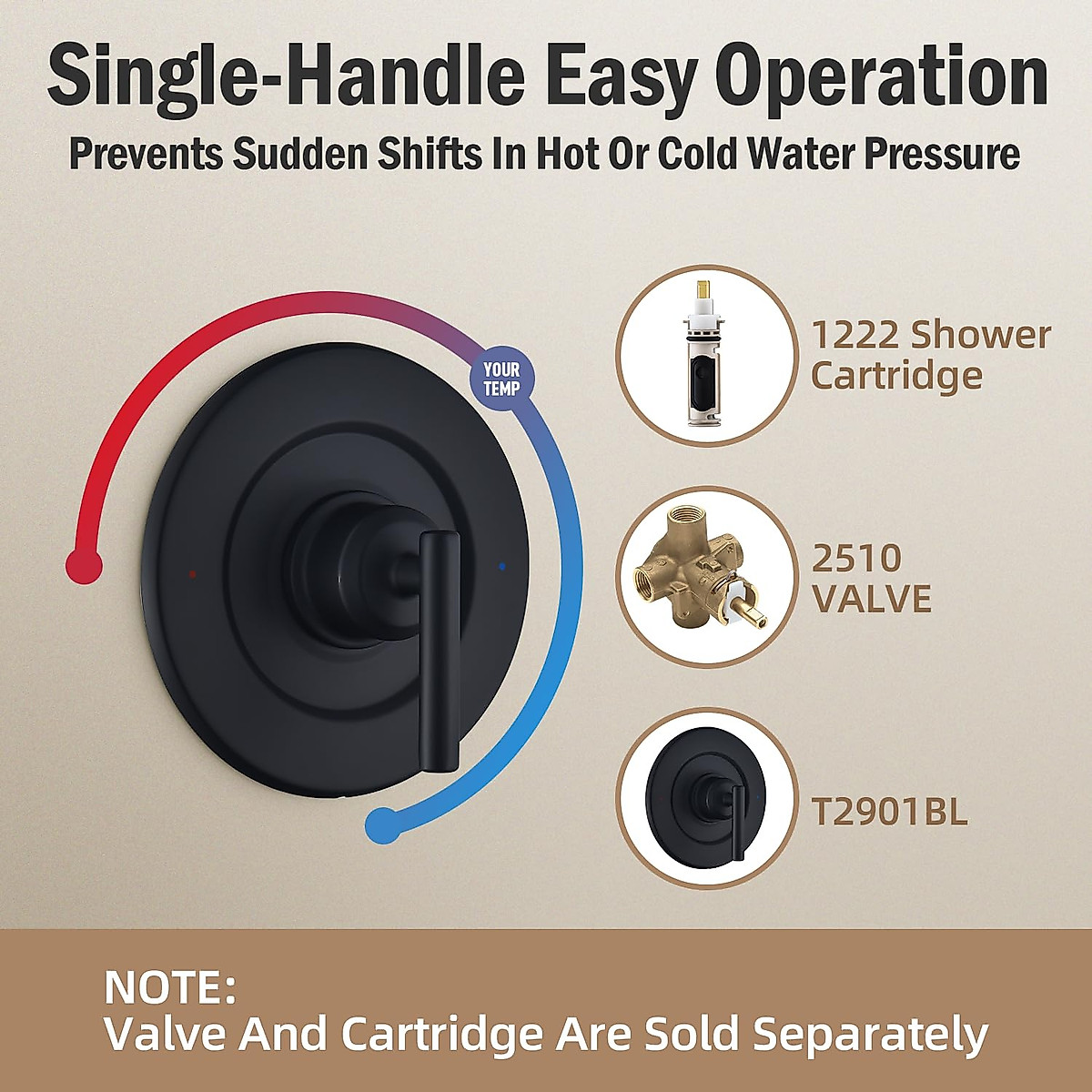 Replacement for Moen T2901BL Gibson Posi-Temp Valve Trim Kit, Shower Lever Handle, Matte Black