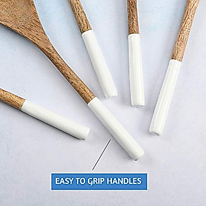 Folkulture Wooden Spoons for Cooking Set for Kitchen, Non Stick Cookware Tools or Utensils Includes Wooden Spoon, Spatula, Fork, Slotted Turner, Corner Spoon, Set of 5, 12 Inch, Acacia Wood, White