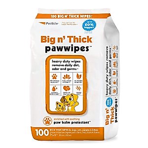 Petkin Big N' Thick Paw Wipes for Dogs, 100 Large Wipes - Clean Dirty Paws After Muddy Walks, with Paw Balm Protectant - Keep Floors and Furniture Clean - Ideal for Home or Travel - Orange Scent