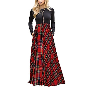 MEROKEETY Women's Plaid Long Sleeve Empire Waist Full Length Maxi Dress, Red#1, Large